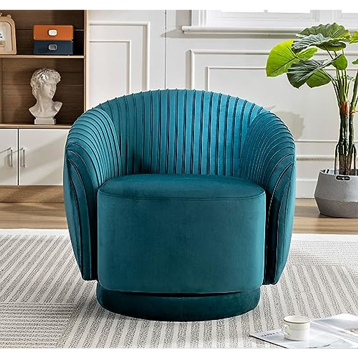 US Pride Furniture Contemporary Velvet Swivel Barrel Chair with 360° Spin Capability, Round Accent One-Seater Sofa for Living Room, Bedroom, and Office, Greenish Blue