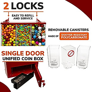 Vending Machine - Commercial Gumball and Candy Machine with Stand - Red Triple Vending Machine with Interchangeable Canisters - Coin Operated Candy Dispenser and Gumball Machine - Vending Dispenser