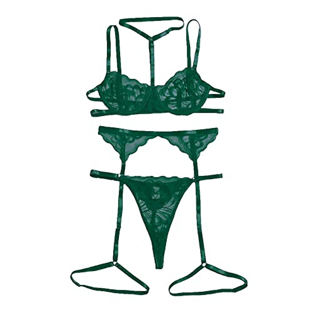 Lilosy Sexy Choker Floral Lace Scallop Sheer Underwire Push Up Garter Belt Lingerie Set for Women See Through Bra and Panty 3 Piece Army Green X-Small