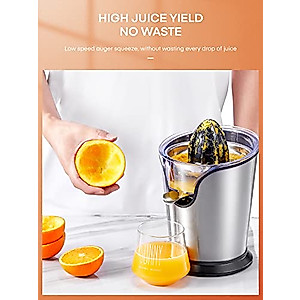 FOHERE Orange Juice Squeezer Electric Citrus Juicer with Two Interchangeable Cones Suitable for orange, lemon and Grapefruit, Brushed Stainless Steel