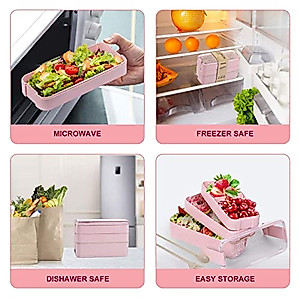 Bento Box Lunch Box for Adults Kids, AsFrost 3-In-1 Compartment Containers - Wheat Straw, Leakproof Eco-Friendly Bento Lunch Box Meal Prep Containers Microwave Safe (Pink)