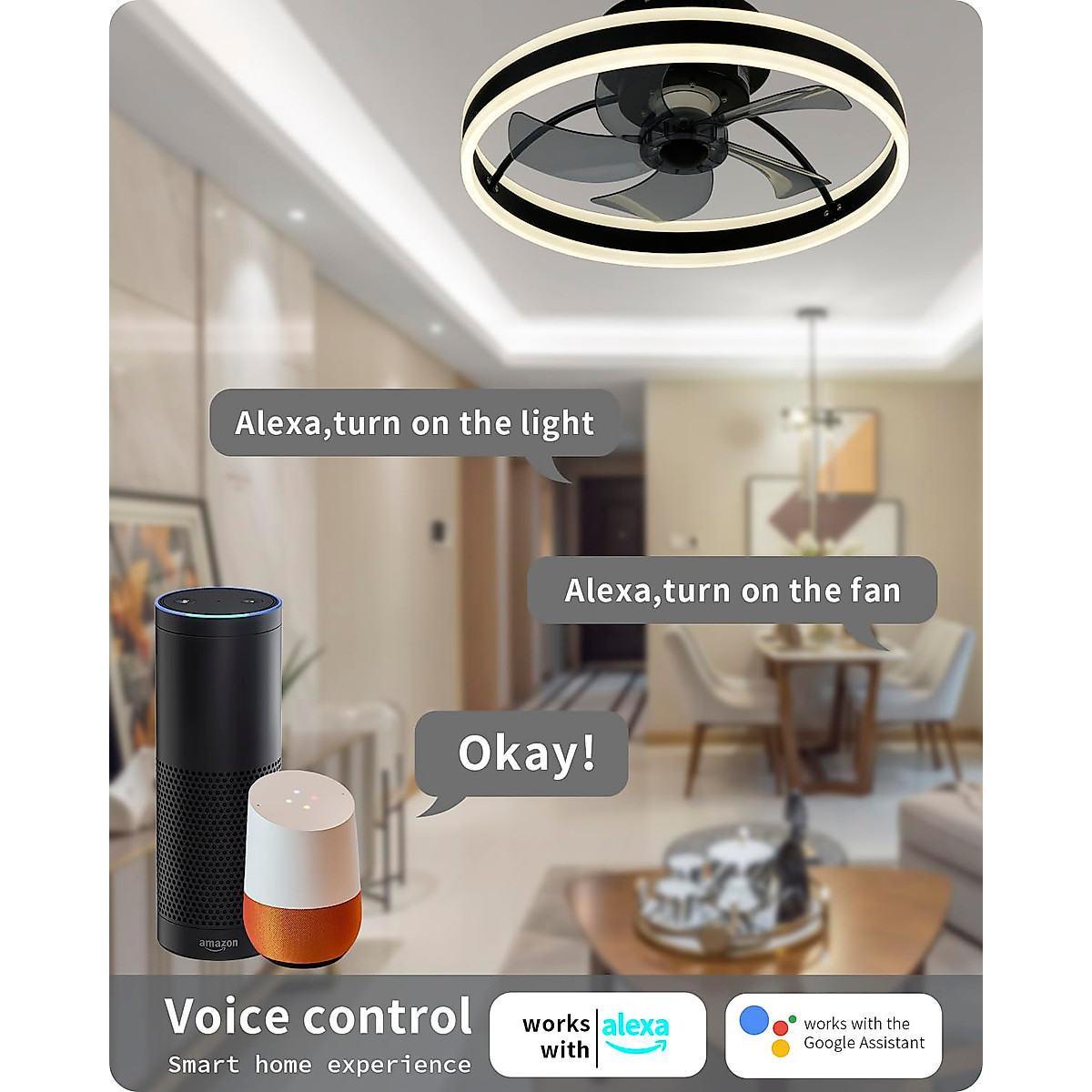 DewShrimp Low Profile Bladeless Ceiling Fan with Speaker, 19.8" Smart Fan Compatible with Alexa/Google Assistant/App Control, 6 Speed Flush Mount Dimmable LED Lights