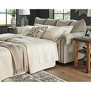 Signature Design by Ashley Zarina New Traditional Queen Sofa Sleeper with Nailhead Trim and 5 Accent Pillows, Beige