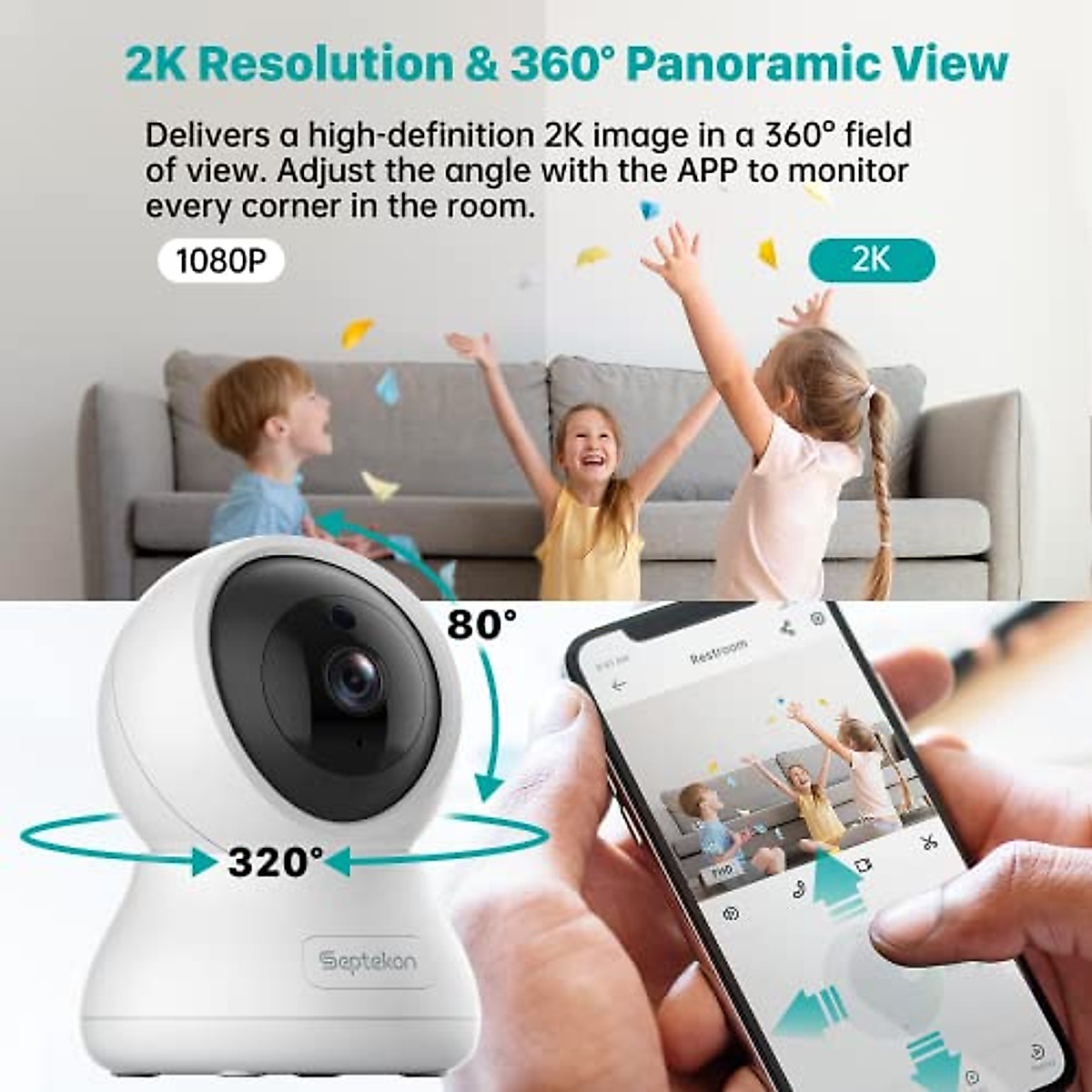 Indoor Security Camera 2K, Septekon 360° Pan Tilt Baby Monitor Pet Camera, 2.4GHz Wi-Fi Camera with Night Vision, Motion Detection, 2-Way Audio Siren, Cloud/SD Card, Compatible with Alexa,White