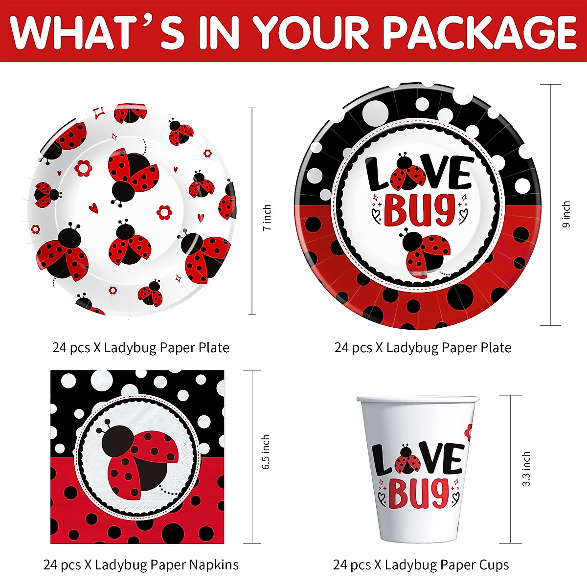 Xigejob Ladybug Birthday Party Decorations Tableware, Ladybug Party Supplies Girl, Plate, Cup, Napkin, Tablecloth, Cutlery, Straw, Lady Bug Theme Birthday Baby Shower Decorations Dinnerware | Serve 24