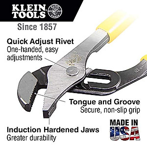 Klein Tools D502-10 Pump Pliers, 10-Inch Tongue and Groove, Quick-Adjust Rivet, 1-3/4 Inch Max Parallel Jaw Range, Tension Loaded Joint