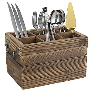 MyGift Rustic Burnt Wood Flatware Holder and Utensil Caddy Storage Carrier with 6 Slots and Vintage Metal Side Handles