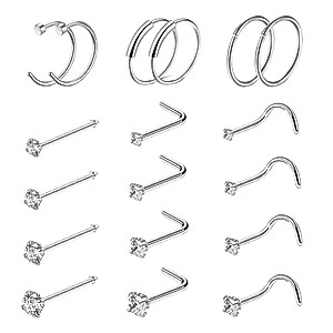 prgislew Nose Piercing Kit Piercing Kit Includes Nose Stud Rings 316L Steel Piercing Needles and Piercing Clamps Nose Nail Piercing Hoops for Nose Piercing Tools, Piercing Supplies