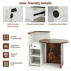 Giantex Reception Desk, Front Counter Desk with Lockable Drawer, Checkout Table with Round Tabletop, Corner Shelf & Adjustable Shelf for Office Beauty Salon Retail Store (Brown & White)