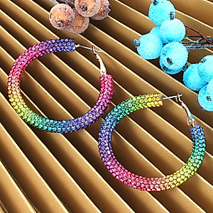 Boderier Hoop Earrings for Women Bohemian Rainbow Sparkle Pave Resin Rhinestone Wrapped Hoop Earrings Fashion Jewelry (Rainbow)