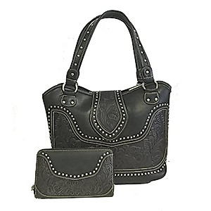 Concealed Carry Tooled Leather Shoulder Purse - Concealed Weapon Gun Bag w/ Matching Wallet By Montana West (Black)