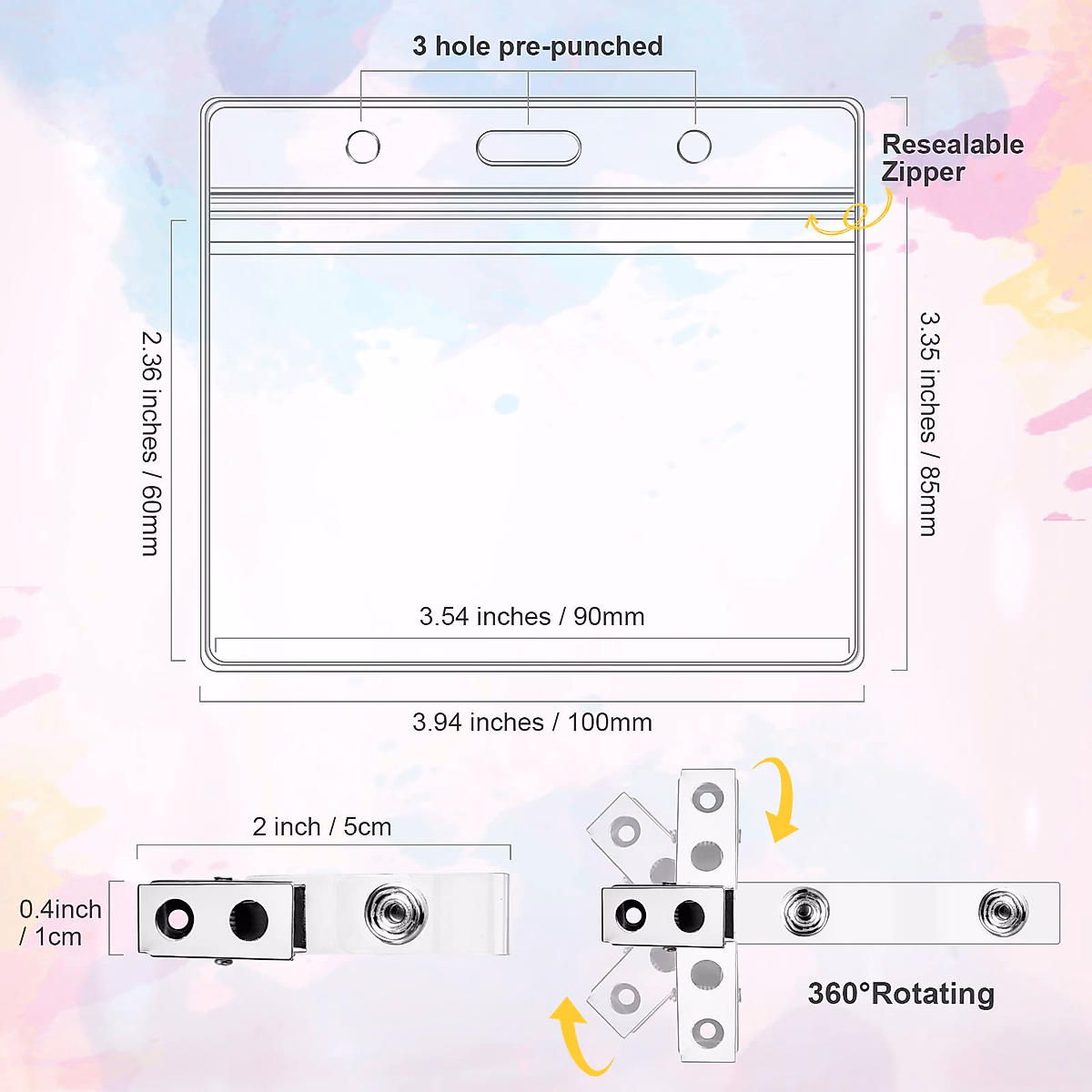 100 Sets Badge Holders and Metal Clips Clear Horizontal Name Tag ID Card Holder with Clip Waterproof ID Badge Holder with Metal Clips