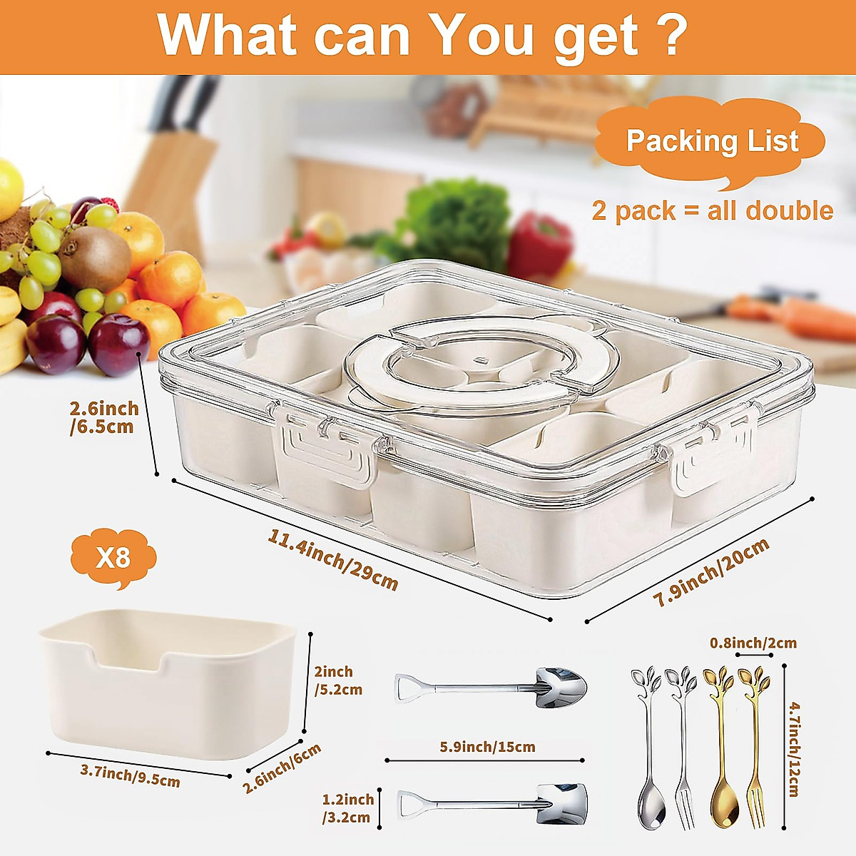 2Pack Snackle Box, Snack Box Container, Divided Serving Tray with Lid, Snack tray, Snack Organizer for Candy, Fruits, Nuts, Spices, Vegetable, Snacks - For Party, Picnic, Entertaining