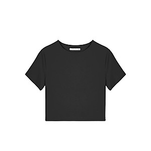 REORIA Women's Summer Cute Short Sleeve High Neck Double Lined Tight Casual Basic T Shirts Yoga Crop Tops Tees Black Medium