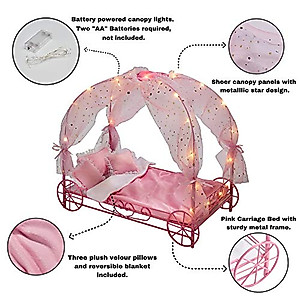 Badger Basket Toy Royal Doll Carriage Bed with Canopy, Bedding, and LED Lights for 18 inch Dolls -Pink/Stars