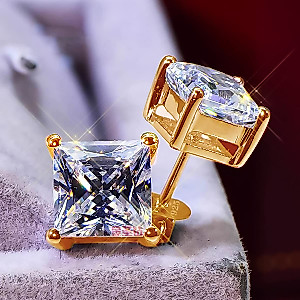 925 Sterling Silver Stud Earrings 4 Prong Princess Cut Square Cubic Zirconia Ear Stud for Women Men Girl CZ 4mm-7mm (Yellow Gold-1.60cttw)