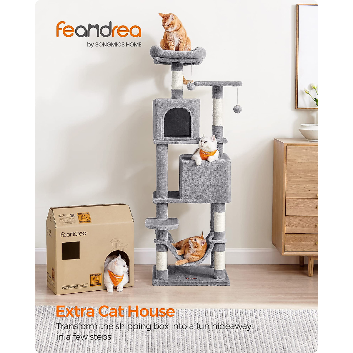 Feandrea Cat Tree, 61-Inch Cat Tower for Indoor Cats, Plush Multi-Level Cat Condo with 5 Scratching Posts, 2 Perches, 2 Caves, Hammock, 2 Pompoms, Light Gray UPCT192W01