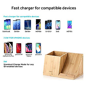 Veelink Bamboo Wireless Charger with Organizer Wood Wireless Charging Station iPhone SE 2020/11/Xs MAX/XR/XS/X/8/8, Samsung S20/S10/S9/S8/Note 10(Standard)