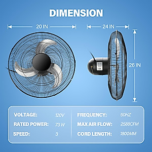Simple Deluxe Cool Breeze 18-Inch Wall Mount Fan with 3 Speed Settings, 120-Degree Oscillation, Quiet and Effective Cooling for Home, Garage, or Workshop,Black