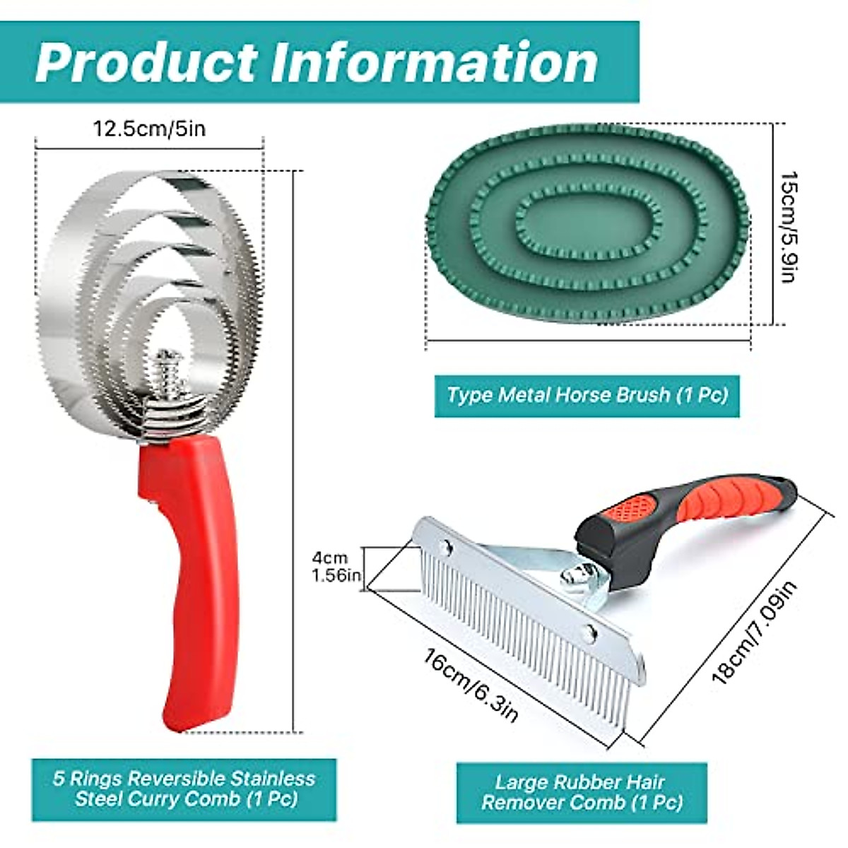 Aemygo 3 Pcs Reversible Stainless Steel Curry Comb 5 Rings, Double Sided Horse Grooming Brush, Scotch Type Metal Dog Brush Large Rubber Hair Remover Comb, Soft Touch Grip Scraper for Cow Sheep Dog