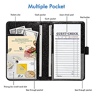 Server Books for Waitress - Leather Waiter Book Server Wallet Cute Waitress Book&Waitstaff Organizer, Waitress Book with Money Pocket&Magnetic Closure Fit Server Apron, Glitter Black
