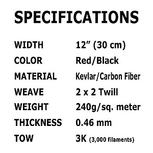 (1 ft -25 ft Rolls) KARBXON - 12 in - Carbon Fiber Aramid Fabric - RED - 3K - 240g/meter - Twill Weave - Advanced Cloth Fabric - Rolled 12” Wide Hemmed Fabric for Repair, Drones, RC & DIY Projects