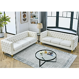 JEEOHEY Chesterfield Sofa,Oversized Velvet Sofa Couch,Deep Seat 3 Seater Sofa,Modern Sofa Chair with Button Nailhead,Upholstered Futon Couches,Furniture for Living Room,Bedroom,Office(Beige)