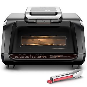 Indoor Grill Smokeless, Air Fryer Grill Combo with Adjustable Temperature to 450°F, Electric Grill with Viewing Window, Removable Nonstick Grate, Fast and Even Heating, 4Qt for Family, with Tongs