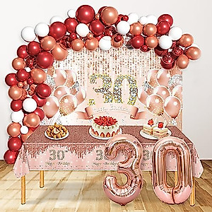 30th Birthday Decorations for Women - Rose Gold Happy 30th Birthday Decor Include Balloon Garland Arch Kit,30th Birthday Backdrop,Tablecloth,Number 30 Foil Confetti balloon 30 Years Old Party Supplies