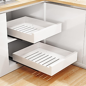 Pull out Cabinet Organizer, 1 Pack Slide out Drawers for Kitchen Cabinets, Sliding No Drill Shelves Fixed by Adhesive, Peel and Stick on Roll out Shelf Rack for Home Bathroom Pantry Base Organization