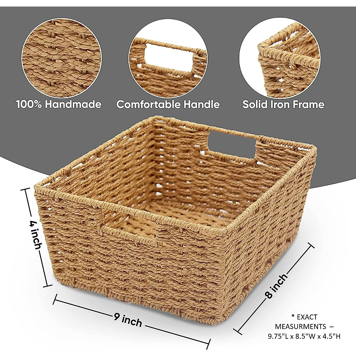 Kovot Woven Wicker Storage Baskets with Built-in Carry Handles - 9.75" L x 8.5" W x 4.5" H (2-Pack)