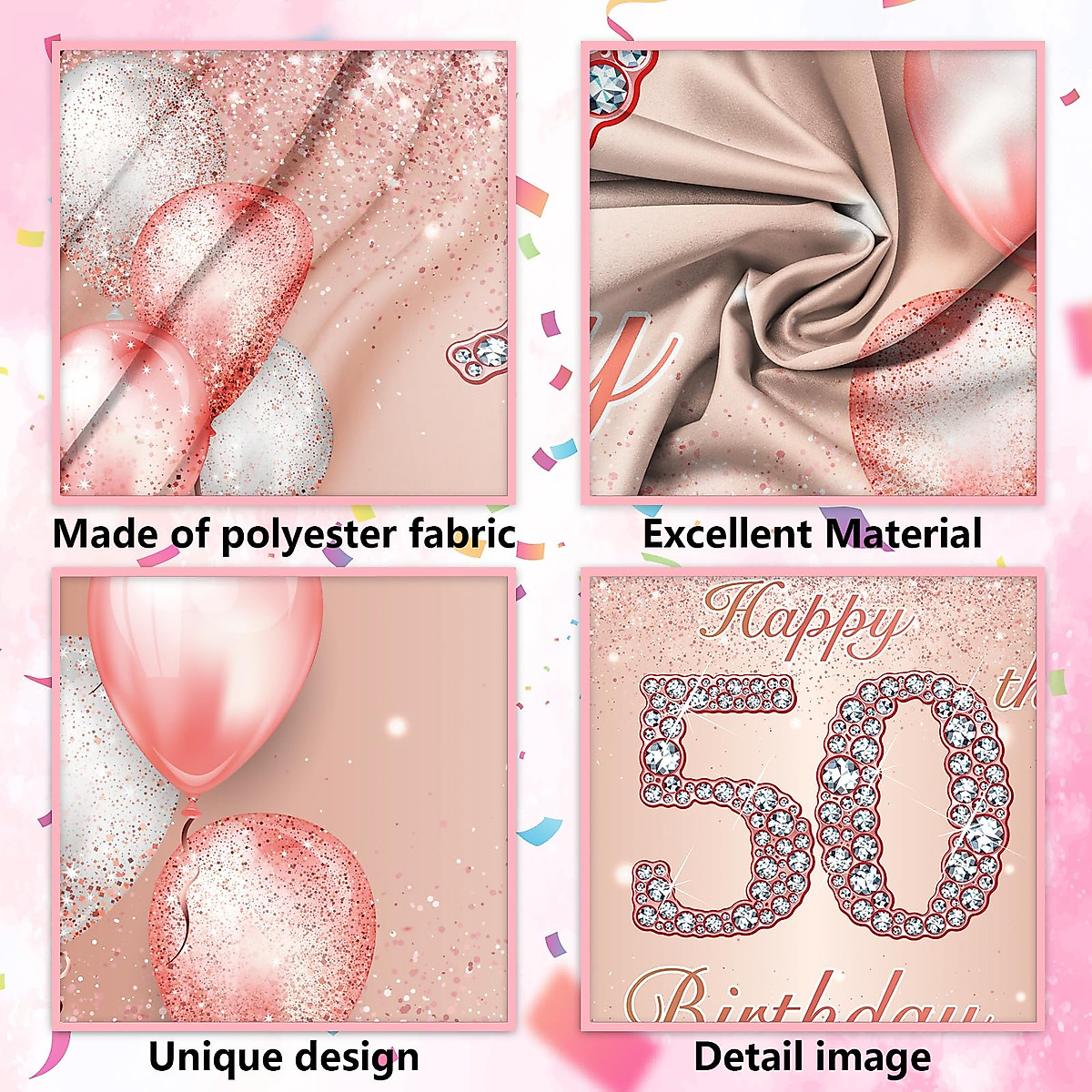 Happy 50th Birthday Rose Gold Banner Cheers to 50 Years Old Backdrop Confetti Balloons Theme Decor for Women 50 Years Old Pink Birthday Party Decorations Bday Supplies Background Favors Gift Glitter