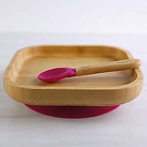 Nouribite Bamboo Suction Square Plate and Spoon Set for Baby/Toddler, 6 months+ (Fuchsia)