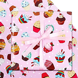 Birthday Wrapping Papers, 7 Sheets Pink Cupcake Muffin Printed Pattern Gift Wrap Papers, 20 x 28 inch Per Sheet Folded Flat with 1 Roll Pink Ribbon for Kids Girls Boys Birthday Baby Shower