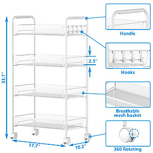 Ovicar 4 Tier Mesh Wire Rolling Cart, Kitchen Storage Organizer Utility Cart, Full Metal Basket Storage Art Trolley Carts with Wheels & 4 Side Hooks