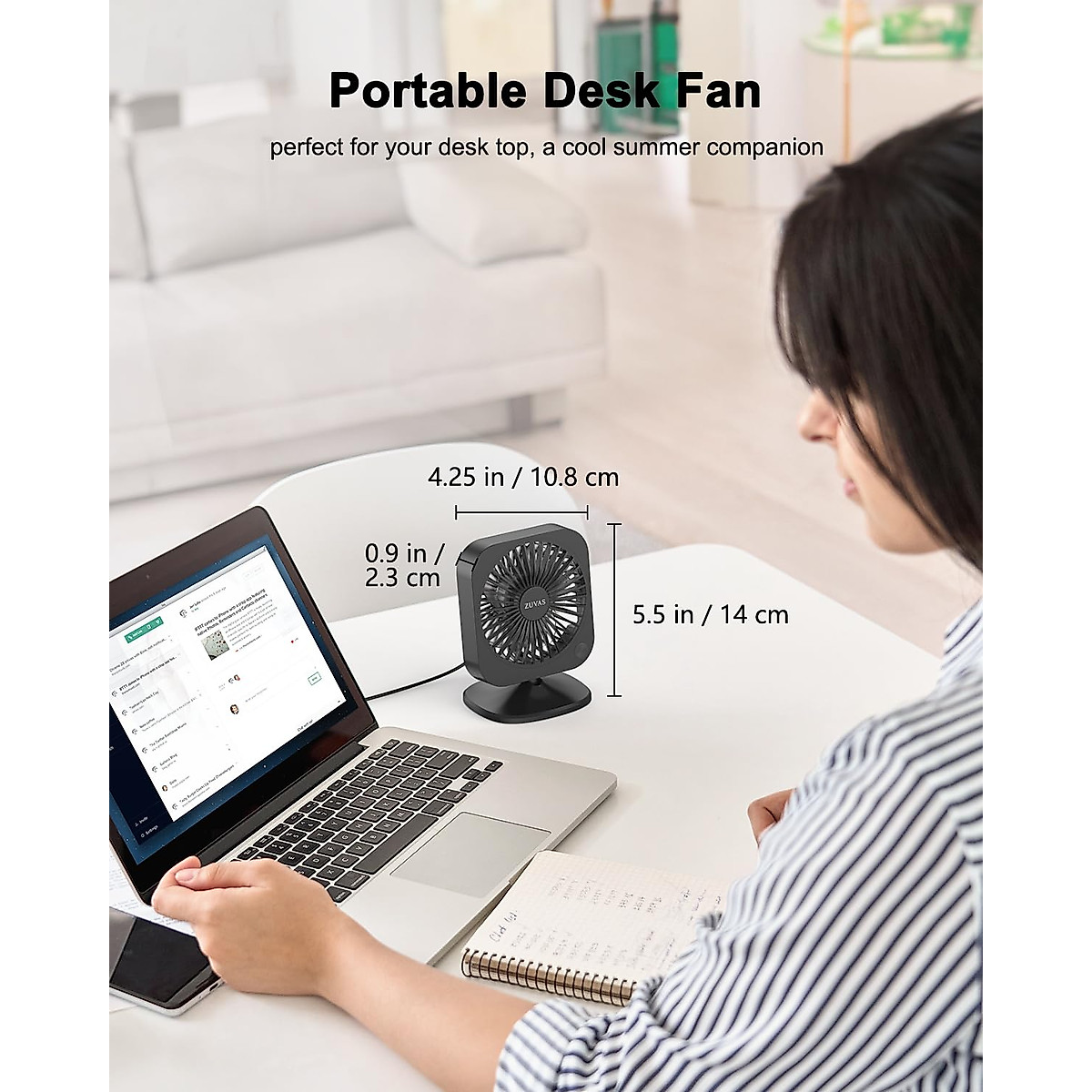 Zuvas Mini Desk Fan Small Powerful Personal Fan Strong Airflow USB Fan 3 Speed Adjustable Table Fan 70° Tilt Electric Portable Fan, for Indoor Outdoor Home Office Car Travel, 4 inch Black