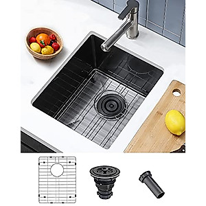 Comllen 15 x 17 inch Black Bar Sink Undermount，Black Stainless Steel Wet Bar Prep Sink Small Kitchen Sink Single Bowl RV Sink with Bottom Grid and Strainer-KYL001B
