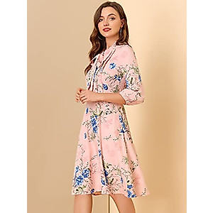 Allegra K Women's Floral Tie Neck 3/4 Sleeve Office Work Midi Flowy Flare Dress Large Pink