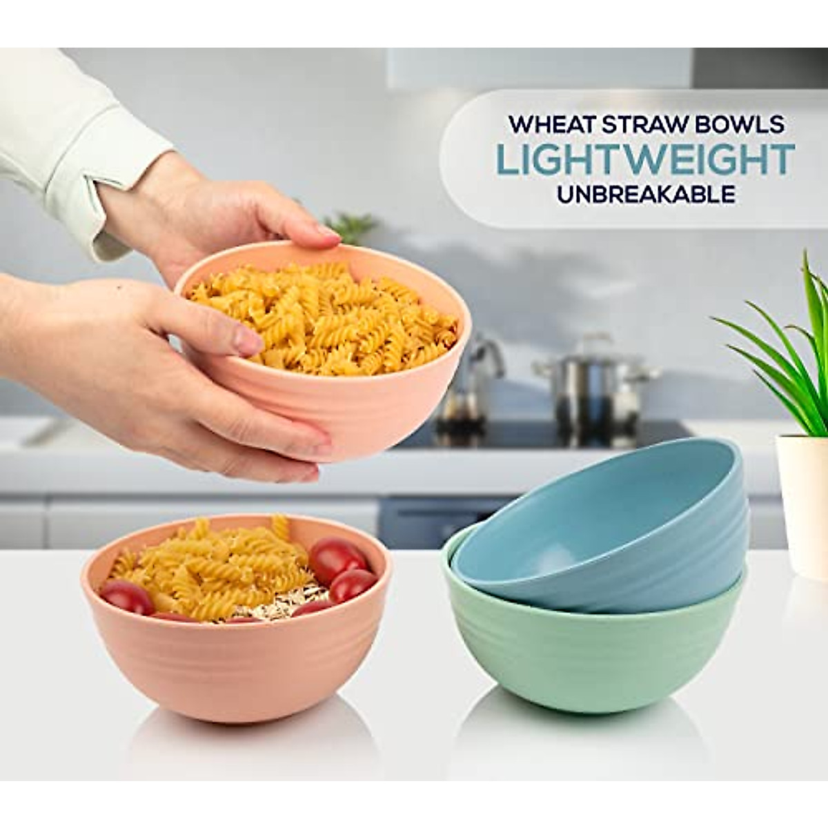 KUCHEEZE Plastic Bowls Reusable[Set of 8] 24 OZ Dishwasher & Microwave Safe Bowls. Colored Cereal Bowl Set - Unbreakable, Lightweight Plastic Cereal Bowls for Kitchen use for Noodles, Pasta, Soup bowl