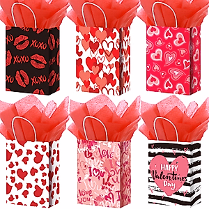 24 Pcs Valentines Day Gift Bag Valentines Kraft Paper Bags with Red Tissue Paper Heart Shaped Treat Goodies Bag Wrapping for Wedding Valentines Party Favor Decorations Kids Classroom Exchange Prizes