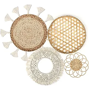 Set of 4 Boho Wall Basket Decor Boho Wall Hanging Decor Rattan Macrame Decor Flat Round Wicker Woven Macrame Tassels Tapestry Bamboo Wall Basket Handmade Serving Tray Art for Room Bedroom Living Room