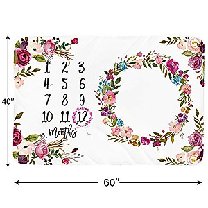 Baby Monthly Milestone Blanket Girl - Large 60''x40'' Floral Plush Fleece Photography Background Prop Newborn Soft Wrinkle-Free Flower Blanket Bonus Wreath Headband