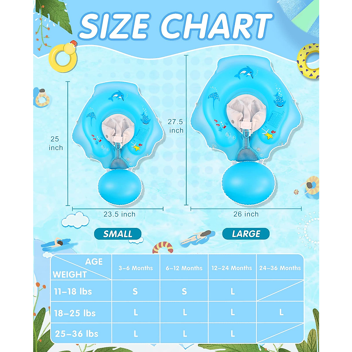 Baby Pool Float with Canopy, Baby Swimming Float Add Tail No Flip, Infant Pool Float, Inflatable Toddler Pool Float with Toys for Age of 3-36 Month (Large)