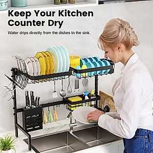 MERRYBOX Over The Sink Dish Drying Rack, 2-Tier Adjustable Length (25.6-33.5in), Stainless Steel Dish Drainer with Cutting Board Holder, Large Dish Rack for Kitchen Counter Organizer Space Saver