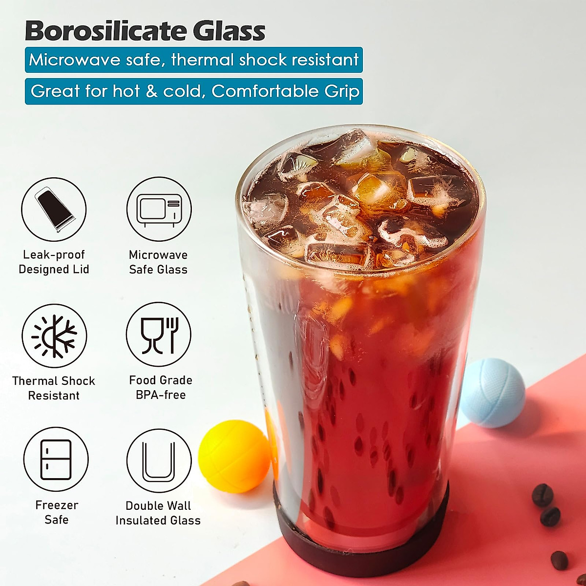 VIMOZTOM Double Wall Glass Tumbler with Straw and Leak-proof Lid, 17 oz Borosilicate Glass Coffee Travel Mug, Clear Reusable To Go Cup, BPA-free, Microwave Safe