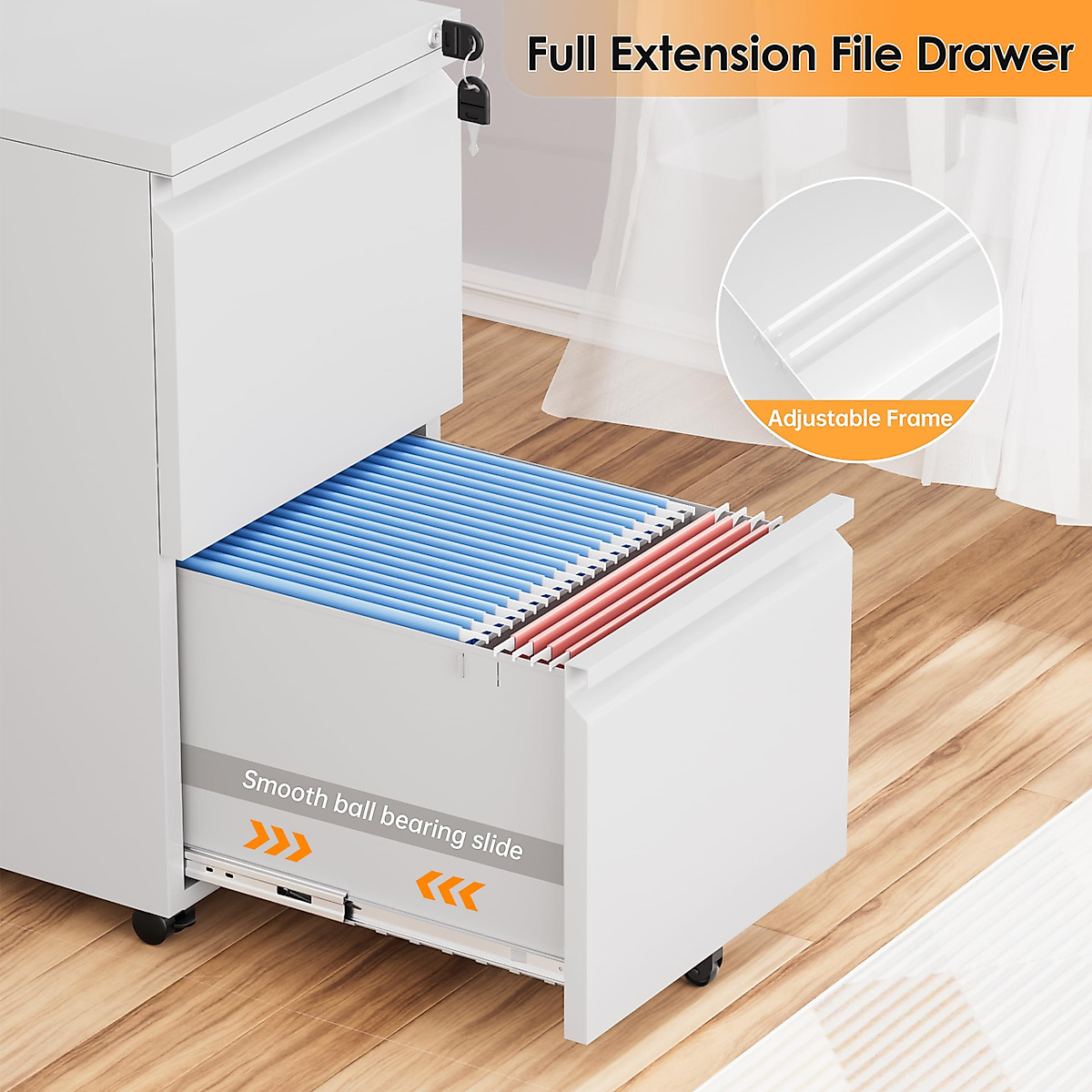 INTERGREAT 2 Drawer File Cabinet, Assembled Metal Filling Cabinet with Lock, Locking Office Mobile Cabinet with Wheels for Legal/Letter Size, Under Desk, White