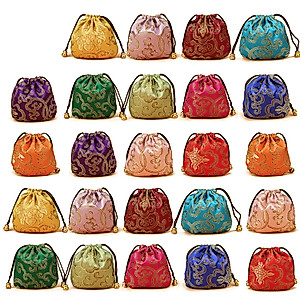 Elesa Miracle 24pcs Silk Brocade Jewelry Pouch Bag, Drawstring Coin Purse, Gift Bag Value Set
