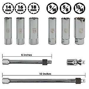 KAIFNT K201 Comprehensive Spark Plug Socket Set with Locking Extensions, 3/8-Inch Drive, 9-Piece