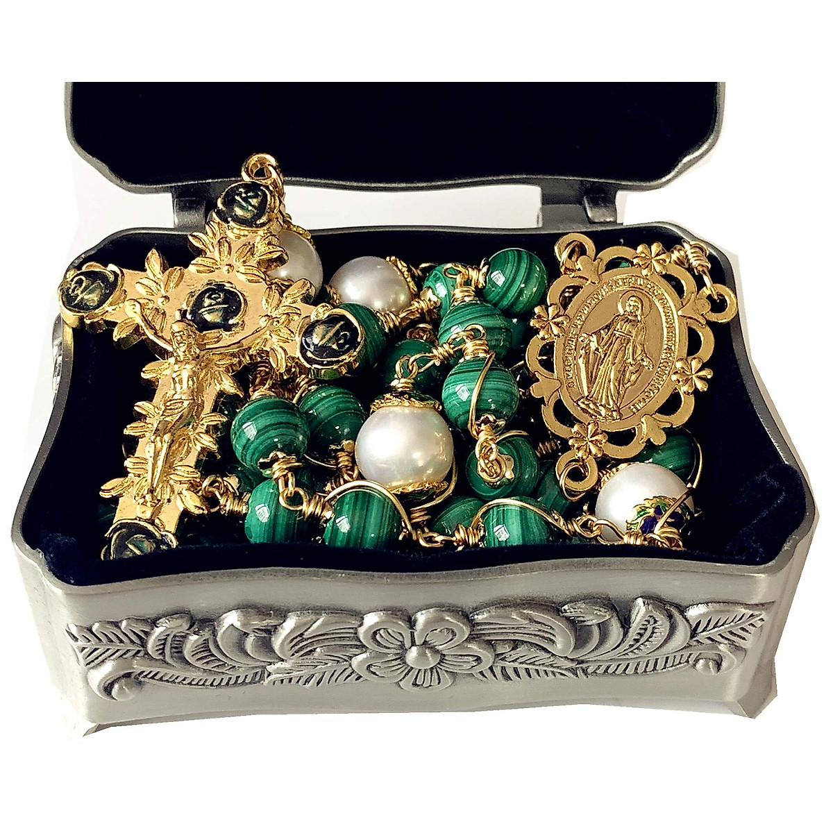 elegantmedical Handmade Gold Wire Wrapped UNDOUBTED Malachite &11-12mm Real Pearl Beads Rosary Cross/Crucifix Necklace Box Catholic Womens Gift