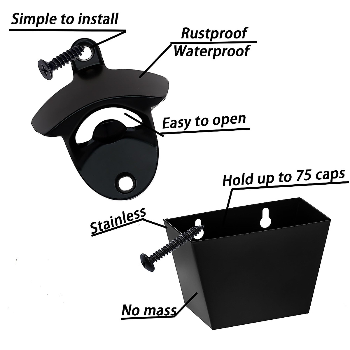 Luwanburg Stainless Wall Mounted Beer Bottle Opener and Cap Catcher Set (Black)